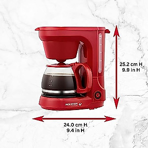 Holstein Housewares - 5 Cup Drip Coffee Maker - Convenient and User Friendly with Permanent Filter, Borosilicate Glass Carafe, Water Level Indicator, Auto Pause/Serve and Keep Warm Functions, Red