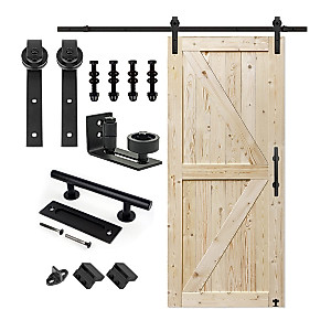 S&Z TOPHAND 36 in. x 84 in. Unfinished British Brace Knotty Barn Door with 6.6FT Sliding Door Hardware Kit/Solid Wood/Sliding Door/Double Surfaces/A Simple Assembly is Required (36, Door+J Shape)