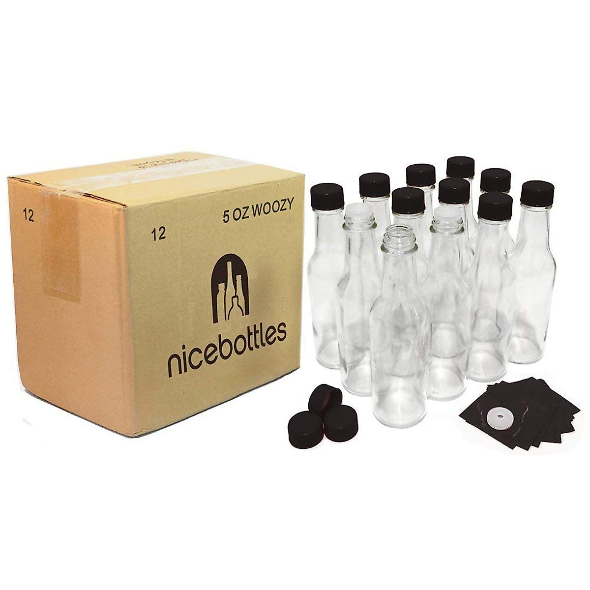 nicebottles Hot Sauce Bottles with Black Caps & Shrink Bands, 5 Oz - Case of 24