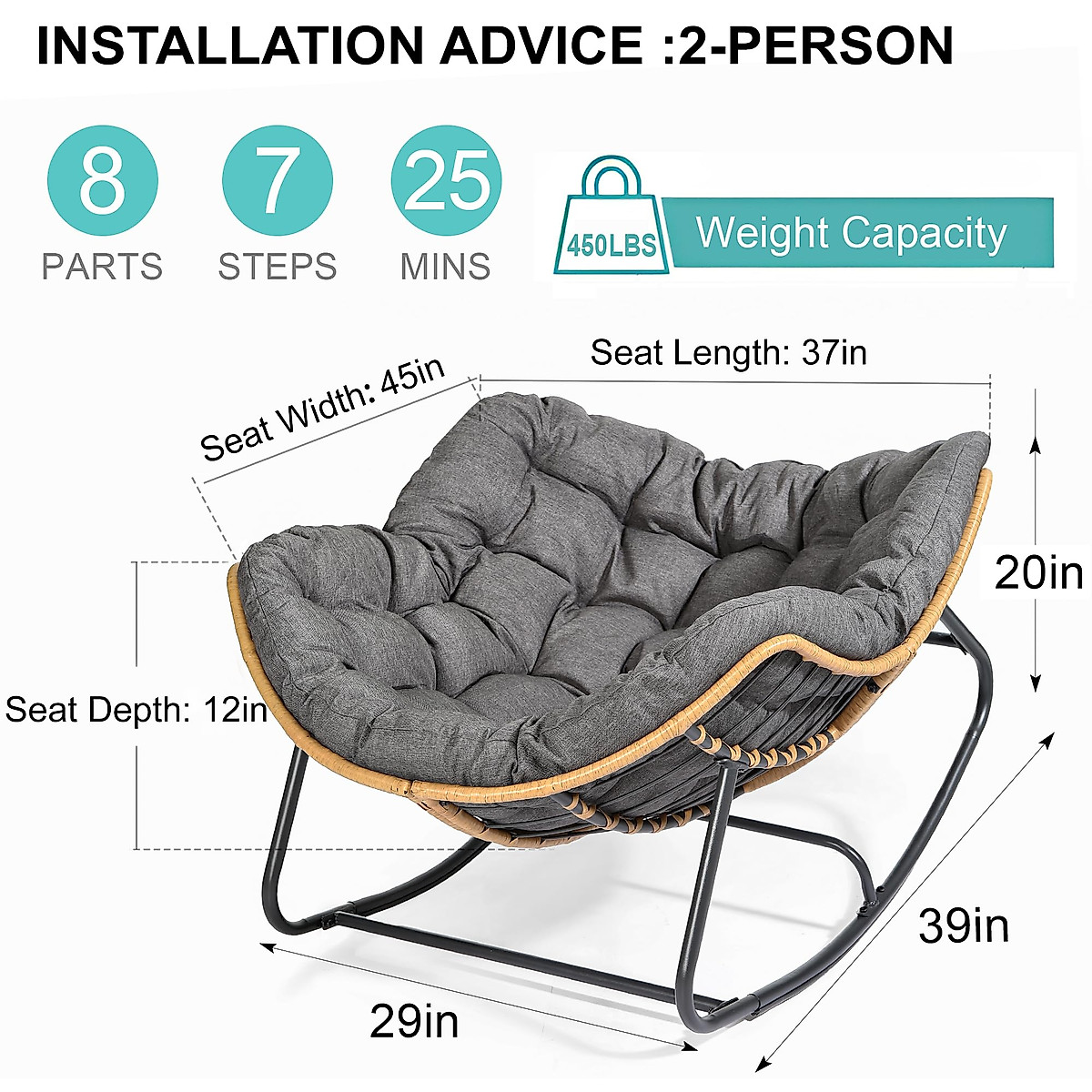 SWITTE Outdoor Rocking Chair, Patio Egg Rocking Chair, Indoor Papasan Chair, Rattan Wicker Lounge Chair, Modern Royal Chair for Bedroom, Living Room, Porch, Garden, Lawn-Dark Grey