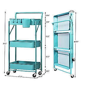 Foldable Storage Cart 3 Tier Rolling Cart with Wheels No Assemble Required Metal Utility Kitchen Cart Folding Shelves for Storage and Organizer for Classroom, Bedroom