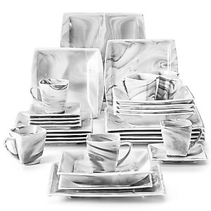 MALACASA Dinnerware Sets, 30 Piece Porcelain Plates and Bowls Sets for 6, Square Dish Set with Dinner Plates Set, Cup and Saucer, Modern Dishware Dishes Microwave Safe, Marble Grey, Series Blance