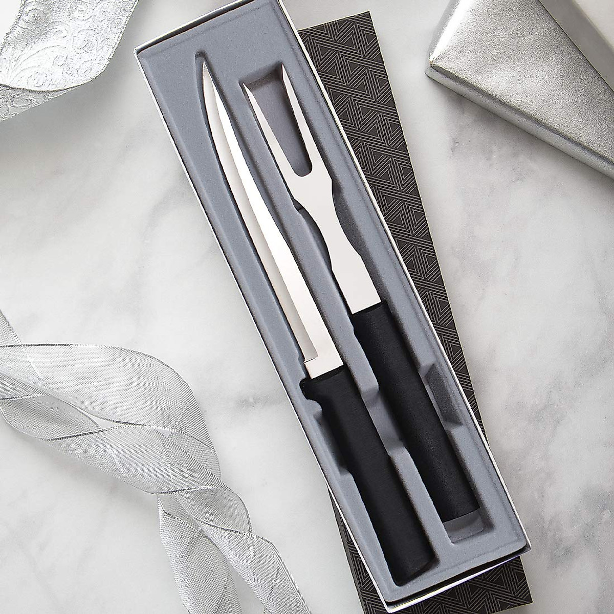 RADA Carving Knife Set – Black Handled 2-Piece Carving Set With Knife Sharpener