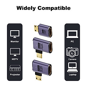 AreMe 8K Mini HDMI to HDMI Adapter (3 Pack), 90 Degree Left and Right Angle Mini HDMI Male to HDMI Female Cable for Raspberry Pi Zero, DSLR Camera, Camcorder, HDTV, Projector, Laptop and Tablet