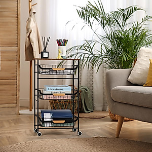 HEOMU 4 Tier Rolling Kitchen Storage Cart, Metal Snack Cart with Wheels, Kitchen Cart with Drawers for Kitchen, Bathroom, Living Room, Bar, Office, Black