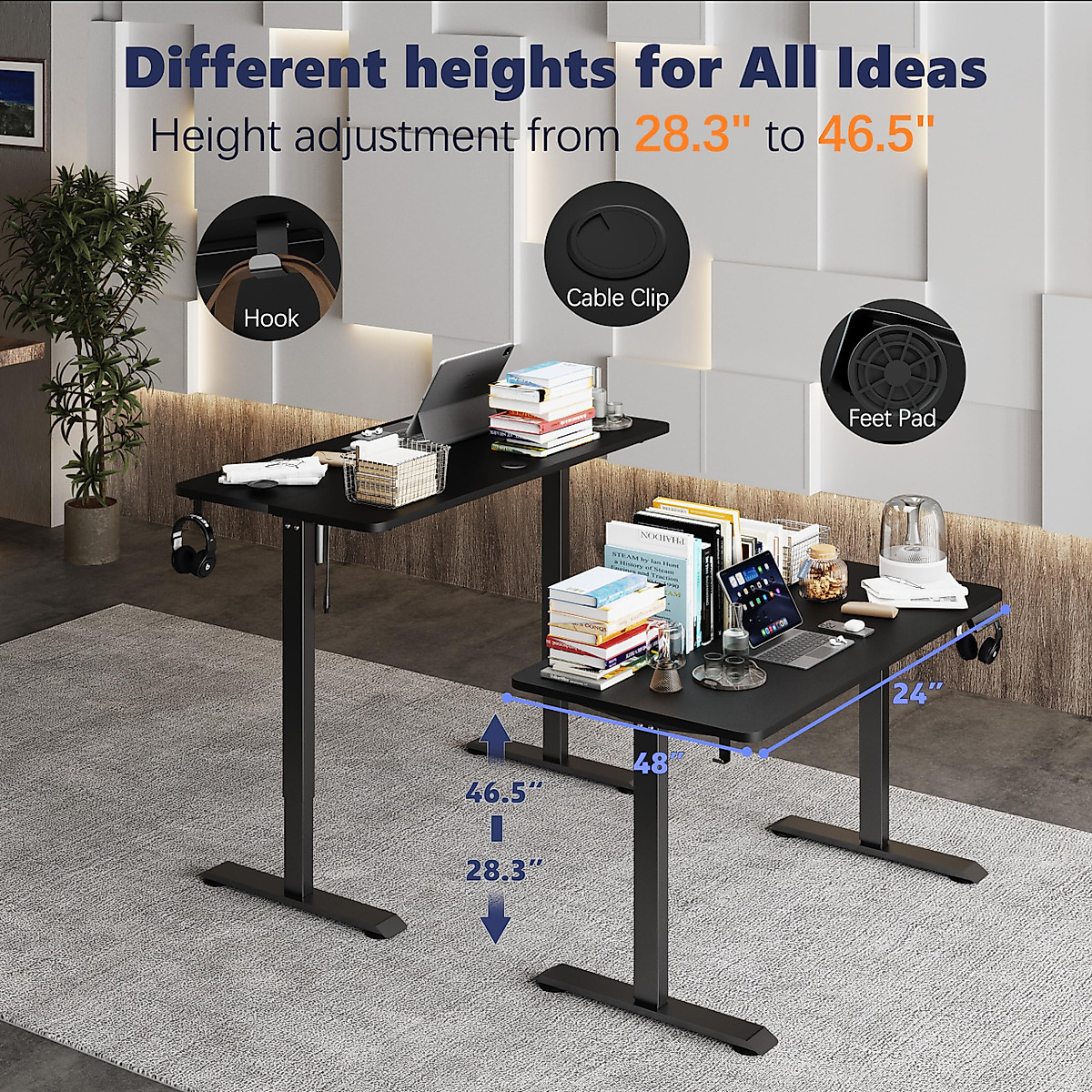 Monomi Electric Height Adjustable Standing Desk, 48x24 Inches, Ergonomic Home Office Sit/Stand Up Desk (Black Steel Frame/Black Top)