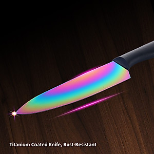 KYA36 Rainbow Titanium 12-Piece Stainless Steel Kitchen Knives Set with Sheath + Marco Almond KYA47 Rainbow Titanium Serrated Stainless Steel Steak Knives Set of 8