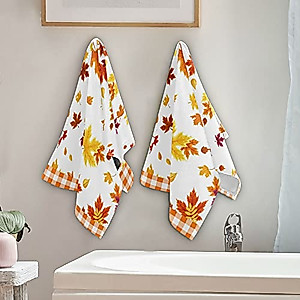 Pfrewn Fall Autumn Maple Leaves Hand Towels for Bathroom Set of 2 Orange Plaid Check Tartan Kitchen Dish Hanging Towel Absorbent Soft Thanksgiving Day Decor, 16x30 in