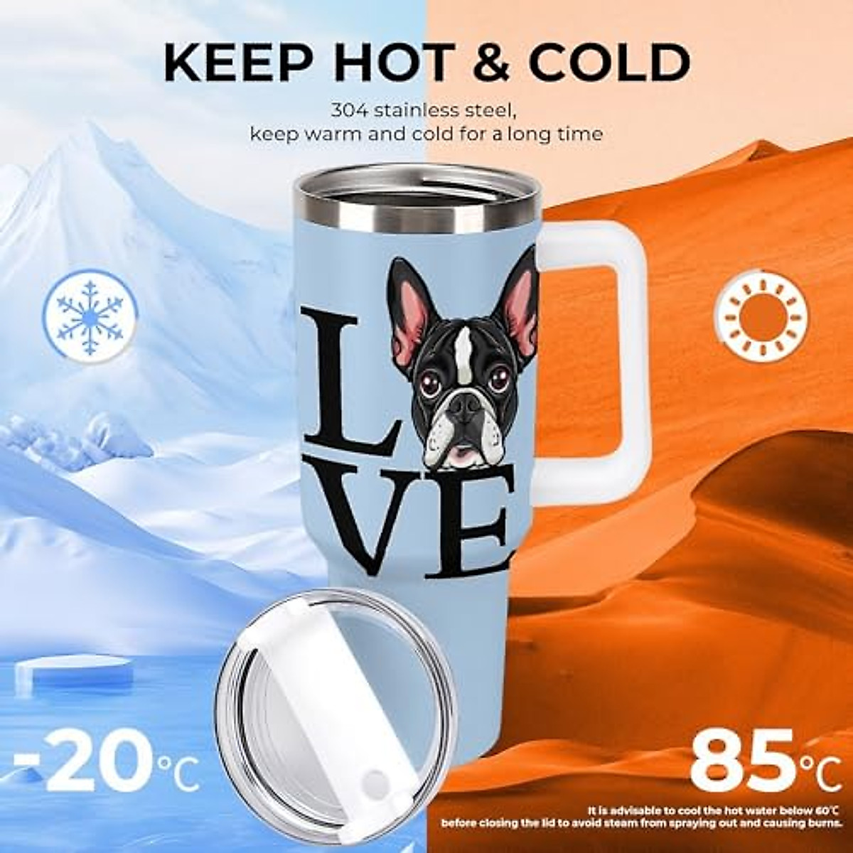 I Love Boston Terriers 40OZ Tumbler Stainless Steel Travel Mug Water Bottle Car Cup Tea Cups with Lid White-style