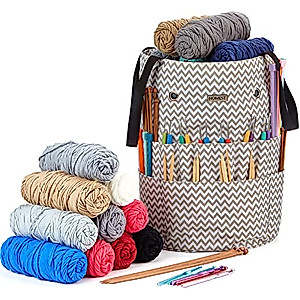 HOMEST Large Crochet Bag with Customized Front Compartment for Knitting Accessories, Yarn Storage with 6 Oversized Grommets, Tote Organizer with Drawstring Closure, Ripple