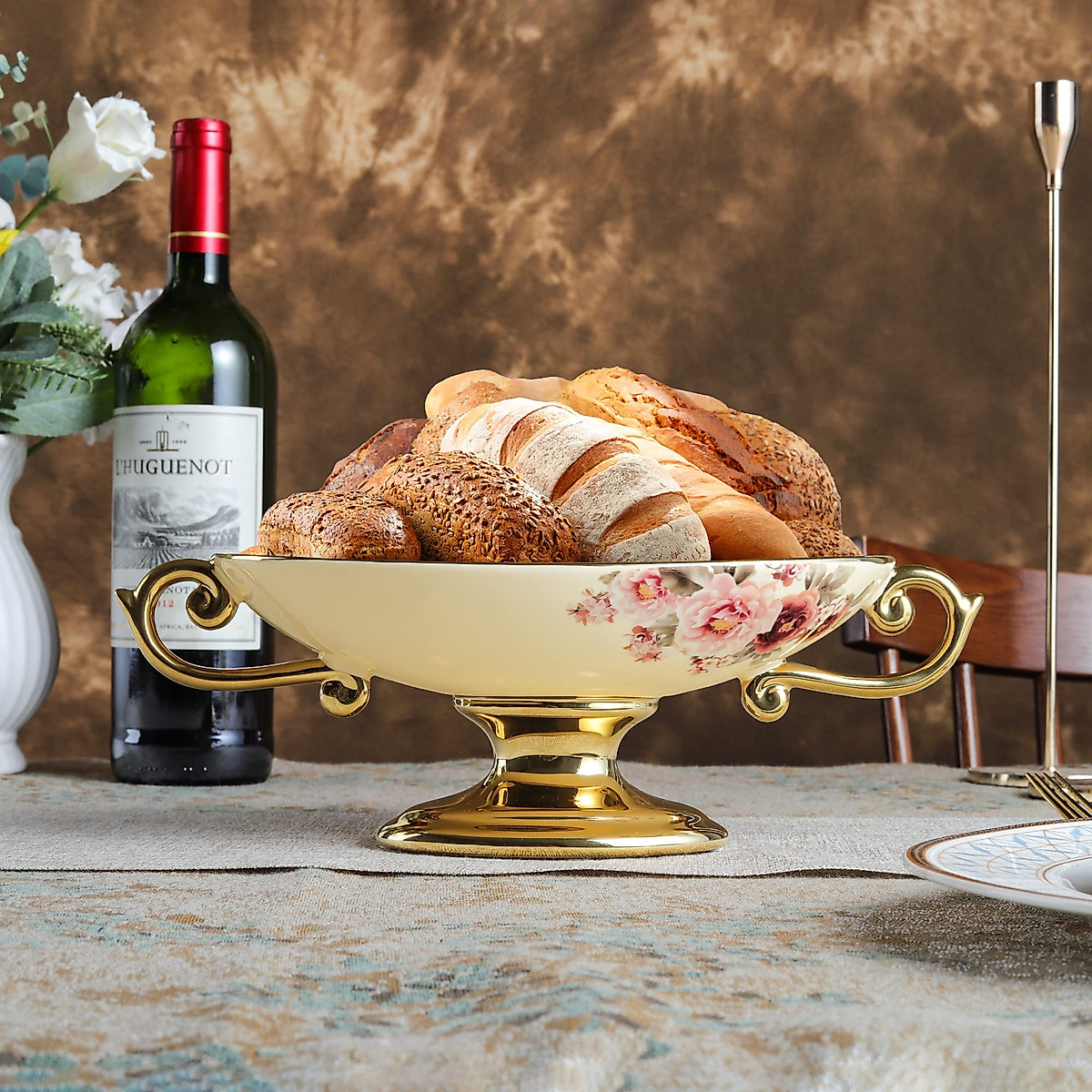 fanquare Floral Footed Fruit Bowl for Party, Fruit Holder for Kitchen Countertop, Decorative Bowls for Centerpieces