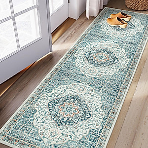 Beeiva Oriental Long Hallway Runner Rug Washable, 2.5x8 Low Pile Carpet Runner Rug Non Slip, Blue Rug with Rubber Backing Kitchen Runner Rug for Bedroom Entryway Laundry Room
