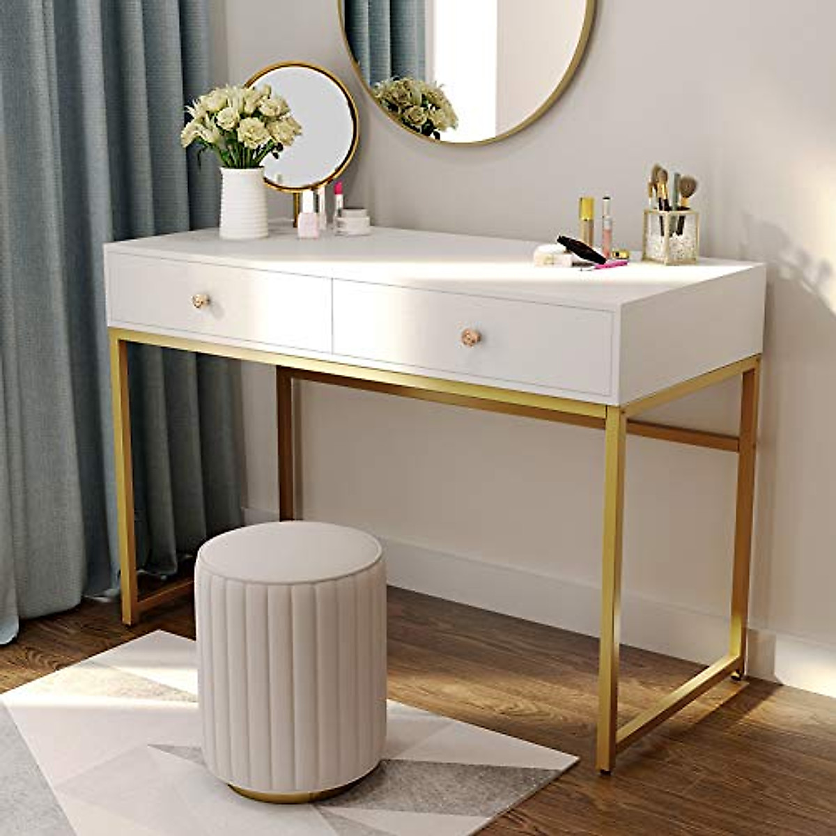 Tribesigns Computer Desk, Modern Simple 47 inch Home Office Desk Study Table Writing Desk with 2 Storage Drawers, Makeup Vanity Console Table, White and Gold