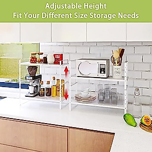 Across-Star Expandable Cabinet Shelf Organizer Rack, Stackable Kitchen Counter Storage Shelves Stand, Adjustable Height Pantry Shelf Spice Rack (White, 2 Pack)