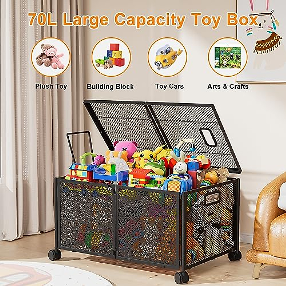 TOPCHASE Toy Box, Toy Storage Organizer 70L with Wheels and Lids, Collapsible Sturdy Metal Toy Chest for Stuffed Animal Storage, Kids Toy and Dog Toy, Black Toy Storage Bin for girls and boys, 1 Pack