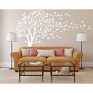 White Tree Wall Decals Leaves Blowing in The Wind Tree Wall Sticker Vinyl Art Kids Rooms Teen Girls Boys Wallpaper Murals Sticker Wall Stickers Nursery Decor Nursery Decals