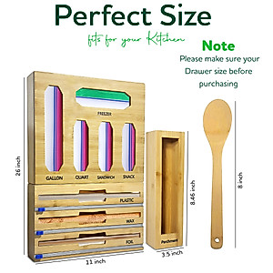 Bamboo Zip Lock Bag Kitchen Drawer Organizer - 9-in-1 Wrap Dispense with Cutter, Compatible with Gallon, Quart, Sandwich, and Snack Bags