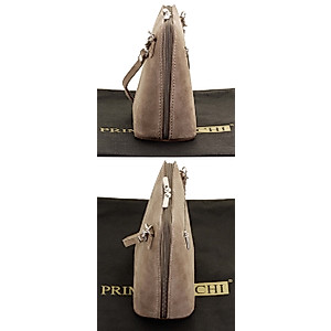 PRIMO SACCHI Ladies Italian Suede Leather Small Micro Dark Beige Crossbody Shoulder Bag Handbag Purse