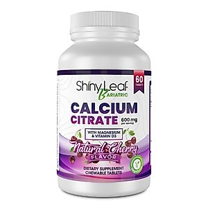 Shiny Leaf Bariatric Calcium Citrate 600 mg Supplement for Bariatric Surgery Patients, 60 Ct Chewable Tablets with Magnesium, Vitamin D3, Natural Cherry Flavor, Vegetarian (1 Month)