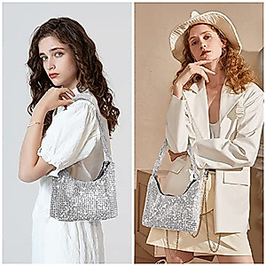 OSDUE Rhinestones Evening Bag, Full Rhinestone Bucket Bag, Glitter Evening Bag, Crystal Zipper Shoulder Bag for Wedding, Party, Club, Prom, Casual Date (Silver)