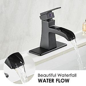 Sanliv Black Waterfall Bathroom Faucet, One-Handle Bathroom Faucets for Sink 1 or 3 Hole, Matte Black Vanity Faucet, Single Hole Restroom Sink Faucet with Pop Up Drain