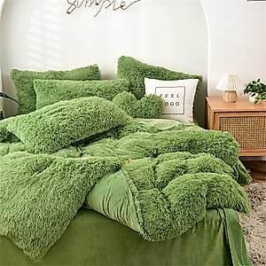 HLGBED Plush Shaggy Duvet Cover Set Full Luxury Fluffy Faux Fur Comforter Cover Set Ultra Soft Fuzzy Velvet Warm Tie Dye Bedding Set 3Pcs (1Duvet Cover + 2Pillowshams) Green