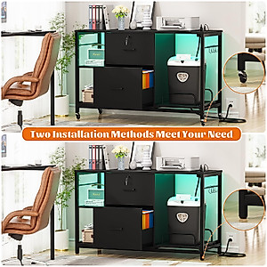 Hyomdeck 47" Lateral File Cabinet with Power Outlet and LED Light, Filing Cabinet with Printer Stand fits Legal/Letter Size, 2 Drawer File Cabinets for Home Office with Lock,Black