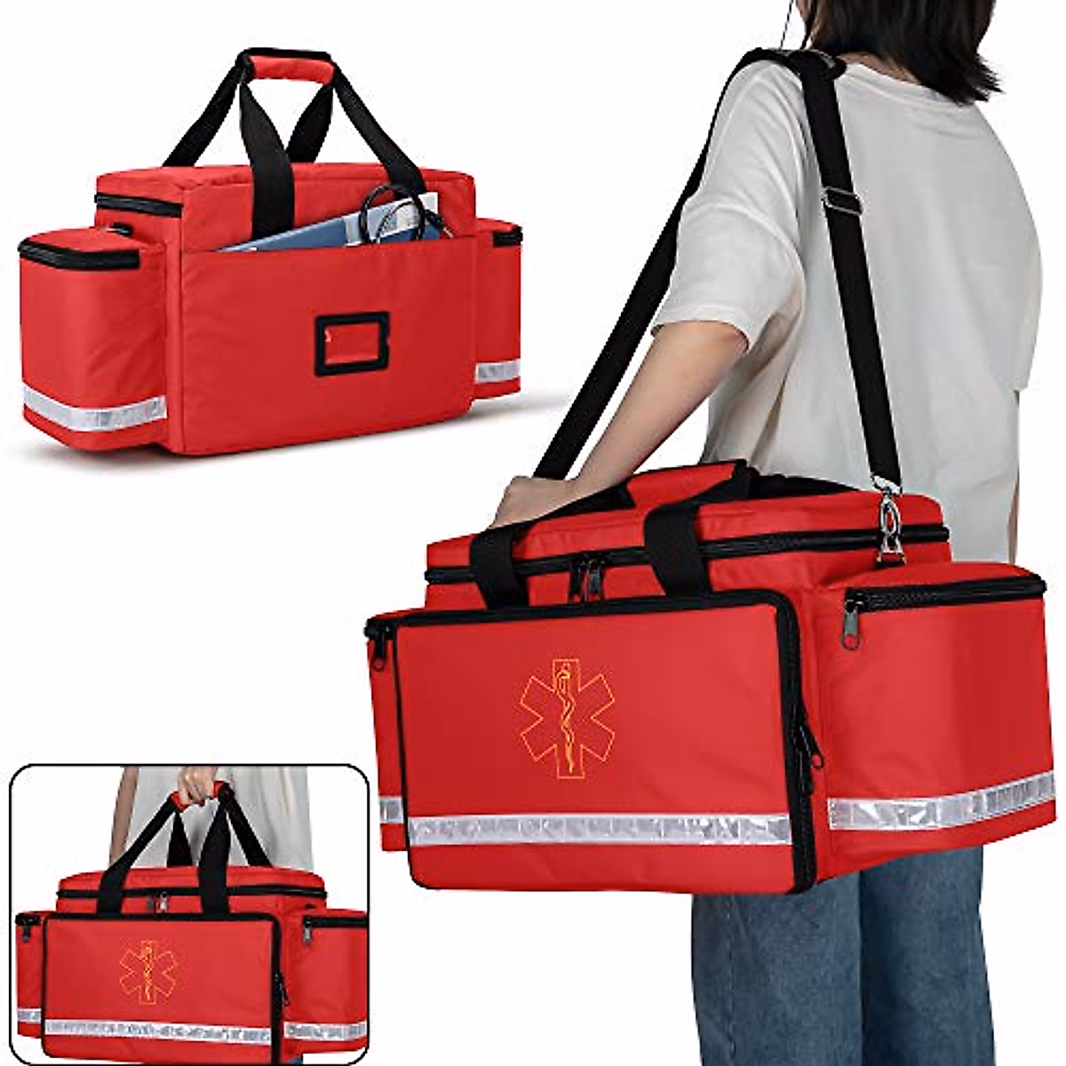 Trunab Emergency Responder Trauma Bag Empty, Professional First Aid Kits Storage Medical Bag with Inner Dividers and Anti-Scratch Bottom, Ideal for EMT, EMS, Paramedics, Red, Bag ONLY