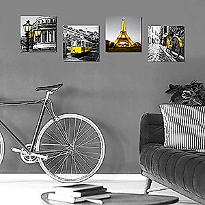 YMYXMC33 Decor Bedroom Paris Eiffel Tower Canvas Print Black and White Wall Art London Landmark Building Yellow Lighting Old Tram Yellow Rose Bicycle Picture Decoration Living Room 12"x12"x4