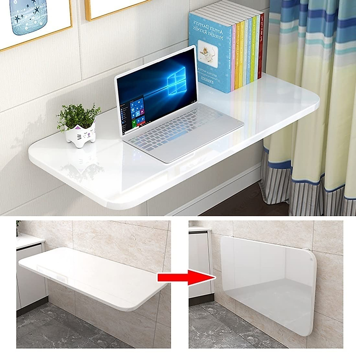 Laundry Folding Table, Wood Wall Mounted Table, Bracket Heavy Duty Stable Sturdy Wall Table, Floating Folding Table, Sturdy Hanging Table for Apartment, Study, Bedroom Kitchen Room Restaurant ( Color