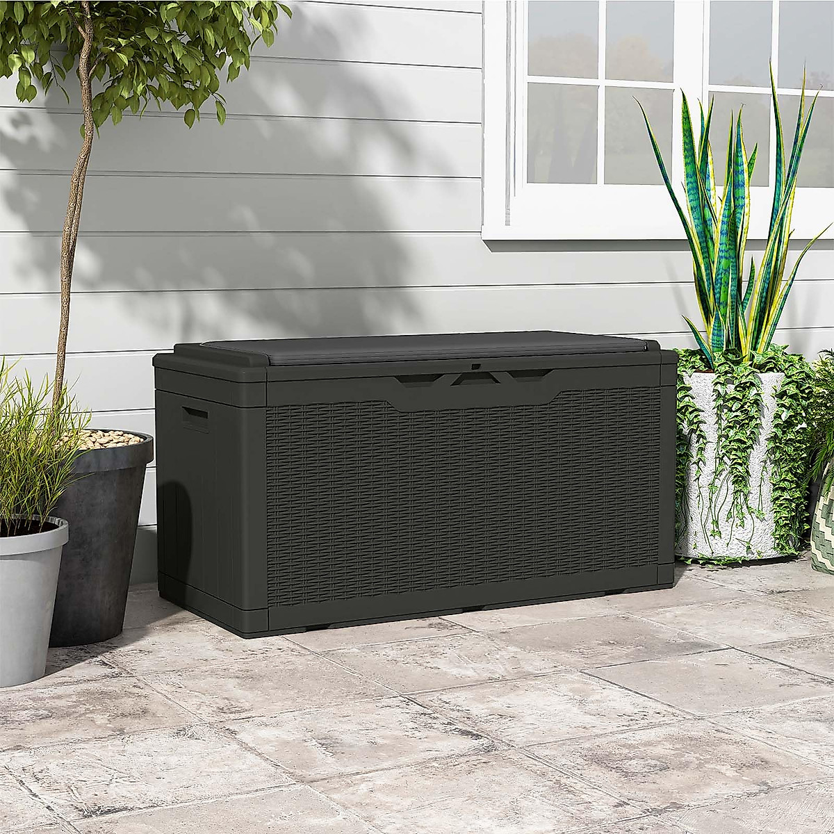 Patiowell 100 Gallon Resin Deck Box with cushion, Waterproof Large Outdoor Storage Box for Patio Furniture and Garden Tools, Black
