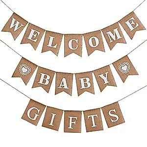 3 Pieces Welcome Baby Banner Gift Burlap Banner Baby Shower Banner Bunting Garland for Baby Shower Party Ornament Favors(Khaki)
