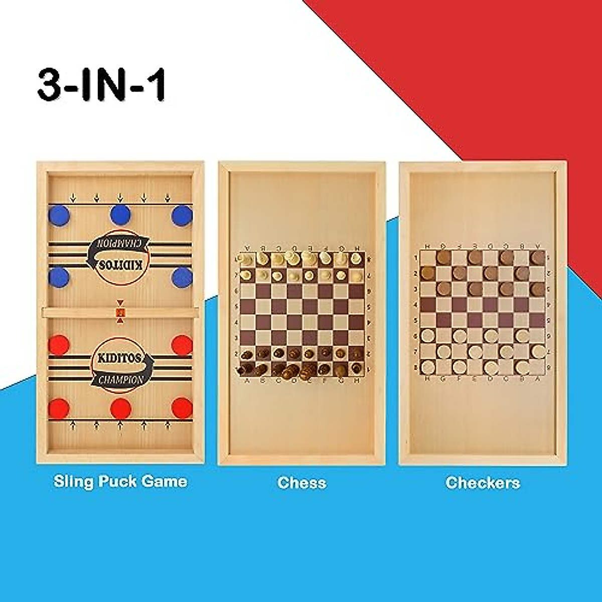 Kiditos 3-in-1 Large Fast Sling Puck Game Checkers Chess Set, 22.83” x 12.60” Popular Wooden Board Game Super Fun Slingshot Toy and Perfect Hockey Toy Gift for Kids, Adults, Friends and Colleagues