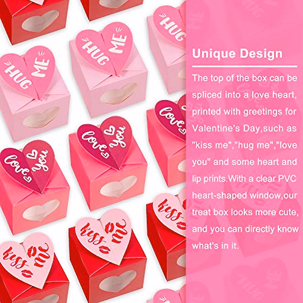 Whaline 24Pcs Valentine's Day Treat Boxes Red Rose Red Pink Heart Cardboard Box with Window 3 Inch Valentines Gift Container with Instruction for Goodie Cookie Candy Sweet Crafts Party Favor Supplies