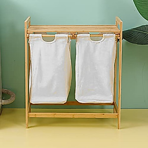 Bellglee Laundry Hamper with Shelf, 2 Sections Wooden Laundry Basket with Sliding Removable Bags, Bamboo Wood Laundry Organizer with Double Compartments, Laundry Sorter with Handles