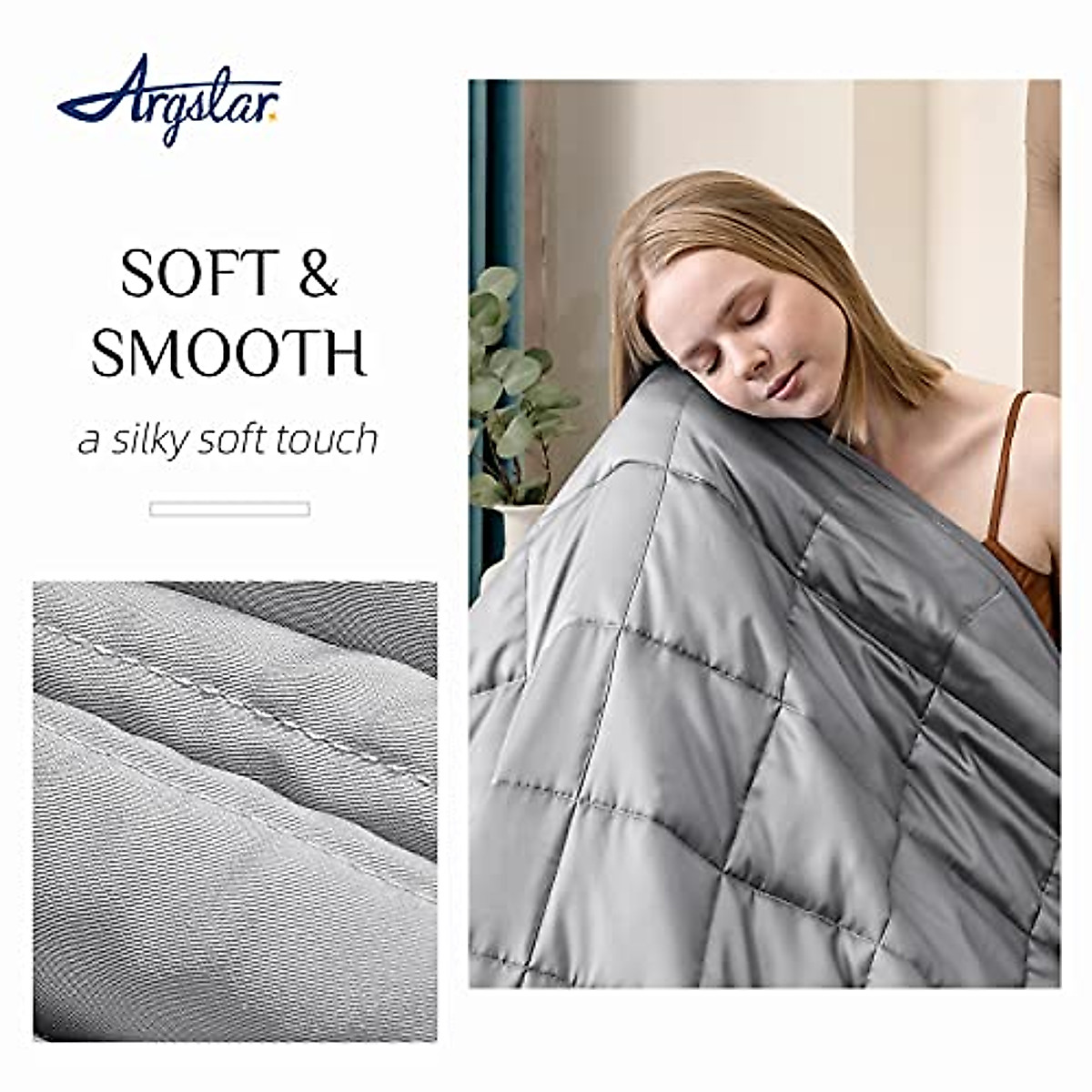 Argstar Cooling Bamboo Weighted Blanket for Adults 15 Lbs On Queen Bed, Soft Silky Heavy Blanket with Premium Glass Beads, 60"x80", Light Grey.