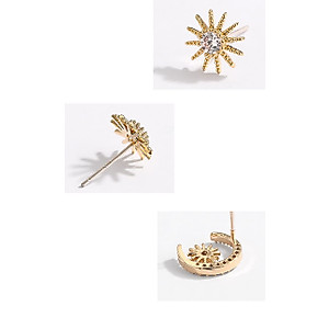 Golden Star Crescent Moon Stud Earrings S925 Silver Clear CZ Sun Ear Studs Piercing Earring Set for Women Girls