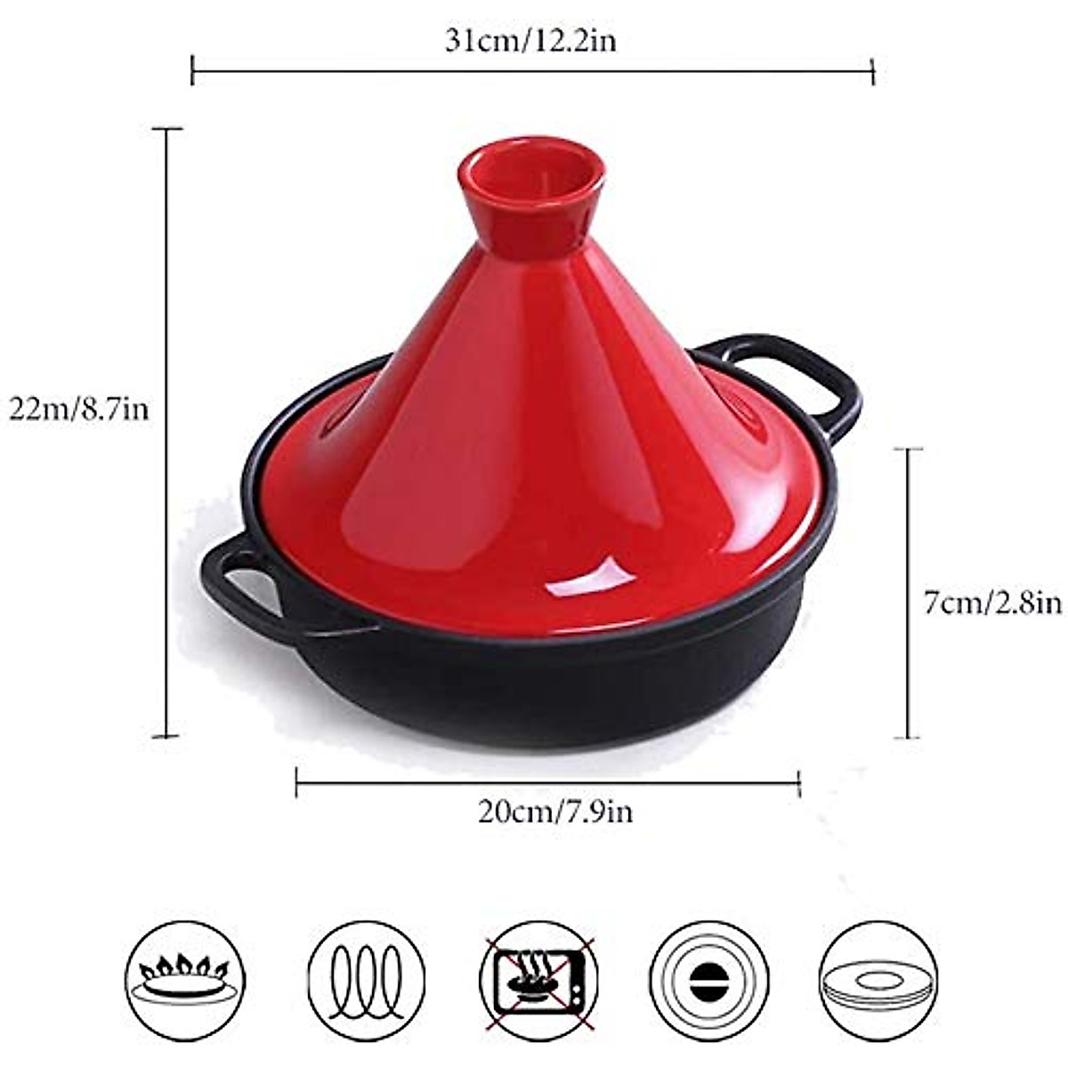 Casserole Dish with Lid Soup Pot Cast Iron Tagine Pot 20Cm, Tajine Cooking Pot with Enameled Cast Iron Base and Cone-Shaped Lid Lead Free Stew Casserole Slow Cooker,Red