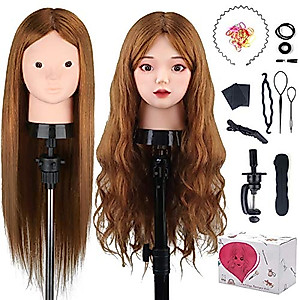 Beauty Star-Mannequin Head with 80% Real Human Hair, Mannequin Head with hair, Manikin Doll Head for Hair Styling with Table Clamp Holder + DIY Hair Styling Braid Set, Cosmetology Makeup Hairdressing Training Head ( Long 23.5inch, Light Brown )
