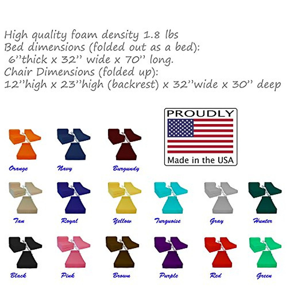 D&D Futon Furniture Pink Sleeper Chair Folding Foam Bed, 70 x 32 x 6, Studio Guest Foldable Sofa Bed, Couch, High Density Foam 1.8 Pounds.