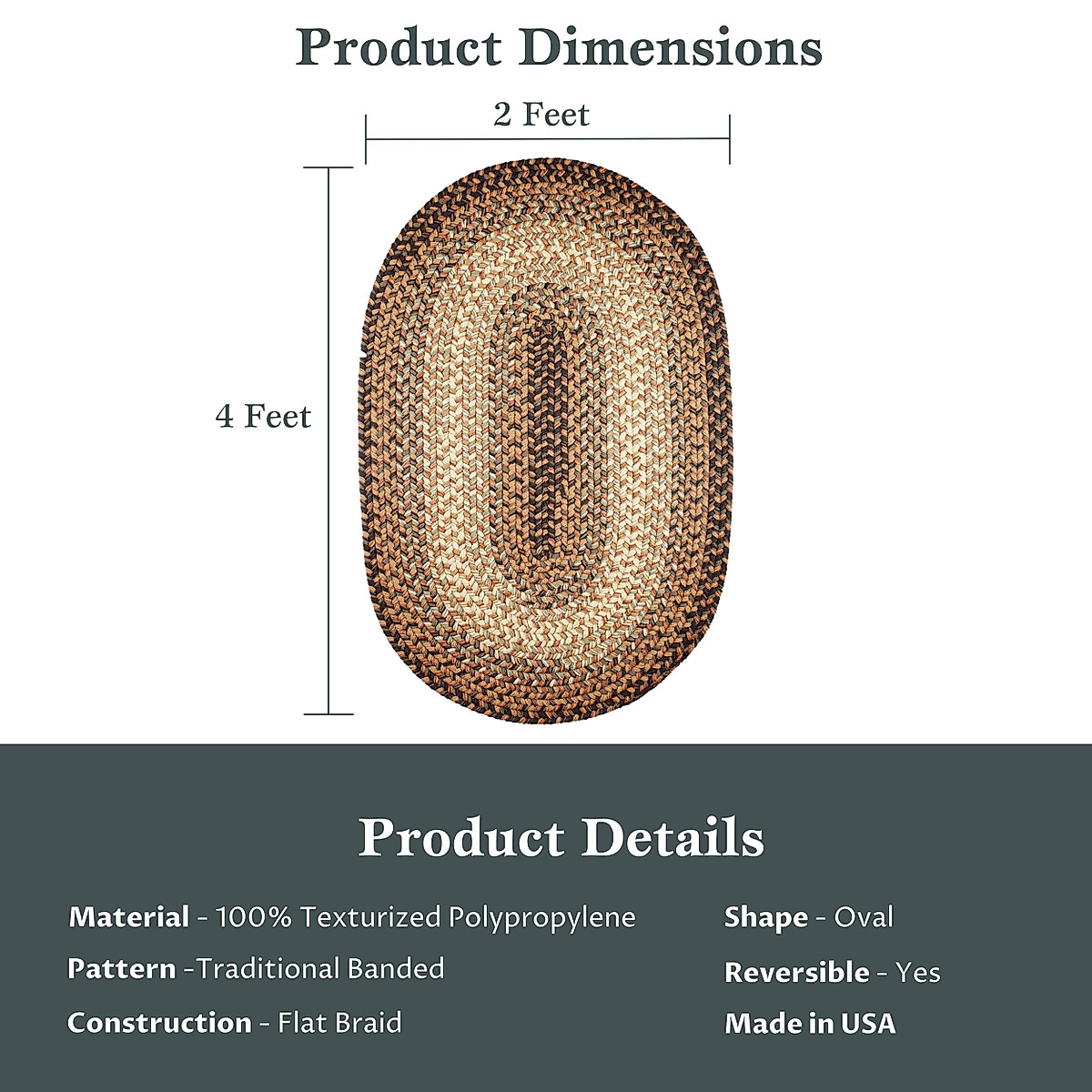 Rhody Rug Easy Living EL33 Taupetone 2' x 4' Oval Runner - Braided Area Rug, Home Decor, Floor Mat or Bedroom Rug - Easy Care, Ideal for High Traffic Areas in Hallway and Living Room - Made in USA