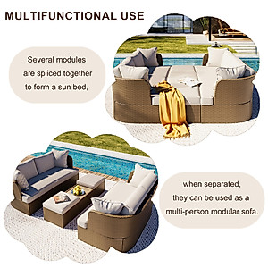 XD Designs 5-Piece Outdoor Patio Daybed Convertible Sofa Set, All-Weather PE Wicker Conversation Set with Washable Cushions and Liftable Coffee Table for Garden Backyard Poolside (Beige+HD)