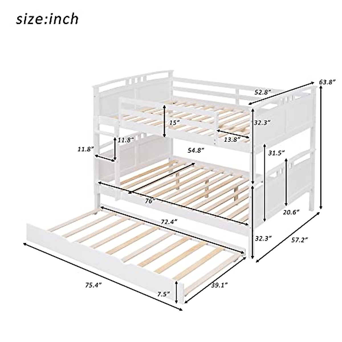 Lifeand Full-Over-Full Bunk Bed with Twin Size Trundle,Separable Bunk Bed for Bedroom,White