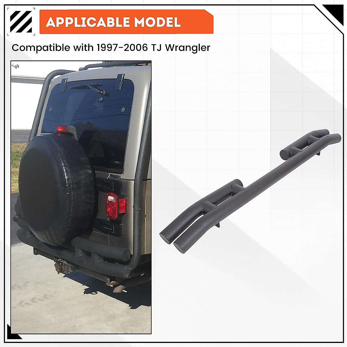 ECOTRIC Tubular Rear Bumper Rear Double Tube Bumper Compatible with 1997-2006 Jeep Wrangler TJ Steel Textured Black
