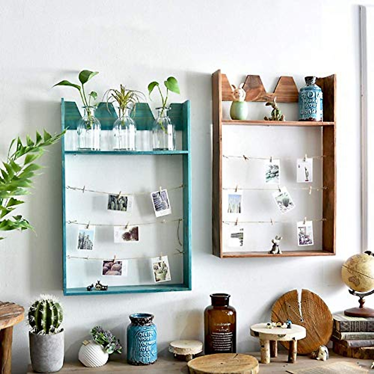 PIBM Stylish Simplicity Shelf Wall Mounted Floating Rack Shelves American Style Solid Wood Photo Retro Multifunction Message Wall Green Plant, Blue , 40X8.5X60CM