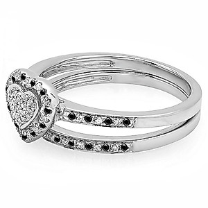 Dazzlingrock Collection 0.23 Carat (ctw) Sterling Silver Black & White Diamond Heart Shape Wedding Ring Set 1/4 CT, Size 8