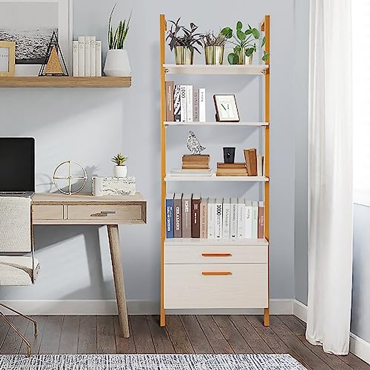 ELECWISH Ladder Shelf Wall Mounted Bookshelf with Drawers Bookcase 3 Tier Open Shelves, Open Storage Shelves Storage Rack with Metal Frame for Home, Living Room, Home Office (White)