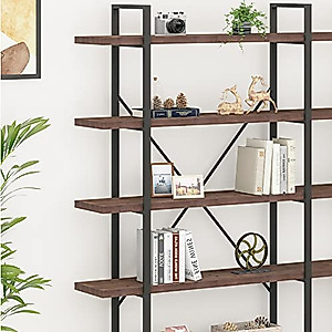 IBF Real Natural Wood 5 Shelf Bookshelf, Industrial Solid Wood Large Open Tall Etagere Bookcase, Rustic Farmhouse Metal Wide Big Book Shelf Storage for Home Bedroom Office Living Doom, Distressed Grey