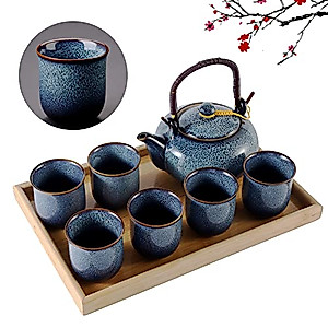 DUJUST Japanese Tea Set for 6, Kiln Altered Glaze Porcelain Tea Set with 1 Teapot, 6 Tea Cups & 1 Tea Tray, Unique Chinese Tea Set for Adults/Tea Lovers/Women/Men, Blue