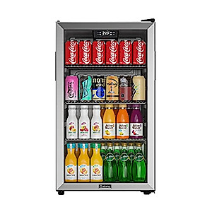 Galanz Beverage Refrigerator Cooler - 130 Can Mini Fridge with Reversible Glass Door & Adjustable Shelves for Soda Beer or Wine - Small Refrigerator for home office or Bar Stainless steel GLB36MS2F07